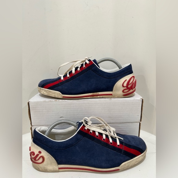 Shoes | Gucci 157499 Gucci Men Shoes Script Logo Softy Tek Blue Suede ...